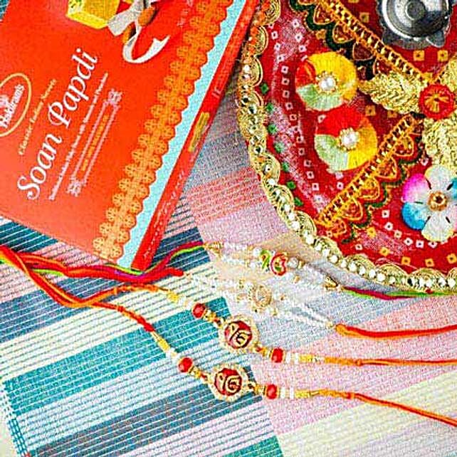 Four Devine Rakhi Set With Soan Papdi and Pooja Thali australia | Gift ...