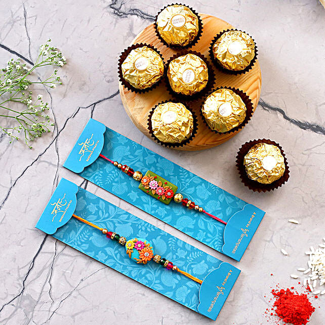 Rectangular And Oval Floral Rakhi Set With 3 Pcs Ferrero Rocher ...