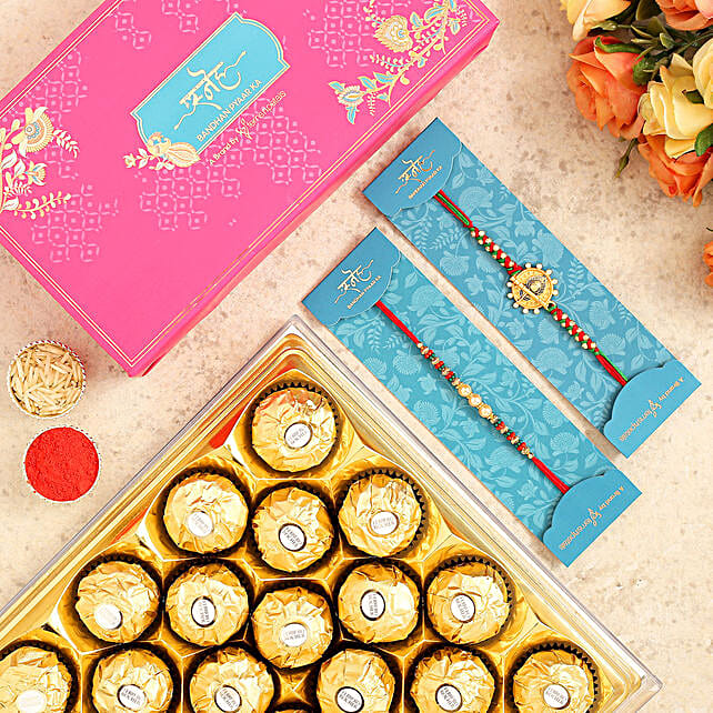 Pearl Mauli And Peacock Bansuri Rakhi With 16 Pcs Ferrero Rocher ...