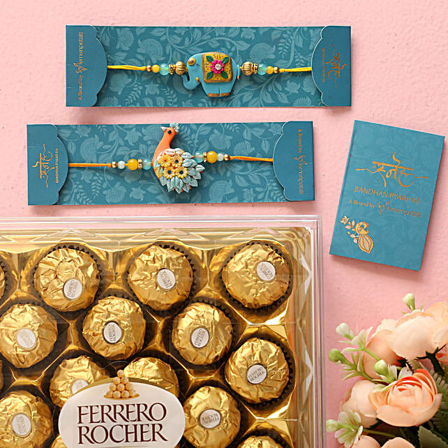 Blue Elephant And Peacock Rakhi Set With 16 Pcs Ferrero Rocher ...