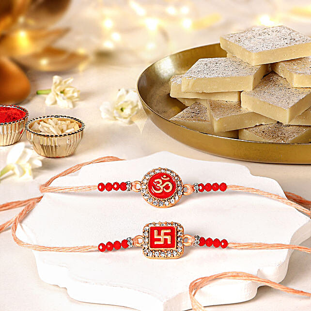 Ethereal Om Swastik Pair Rakhi & Kaju Katli Delight australia | Gift ...