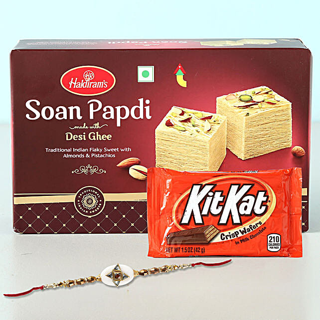 Soan Papdi And Kit Kat With Fancy Rakhi bahrain | Gift Soan Papdi And ...