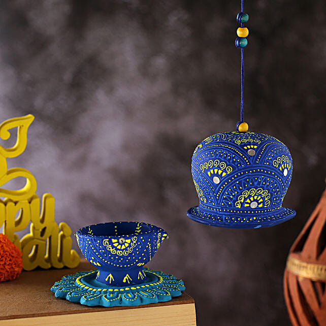 Blue Flower Base Diya With Bell bahrain | Gift Blue Flower Base Diya ...