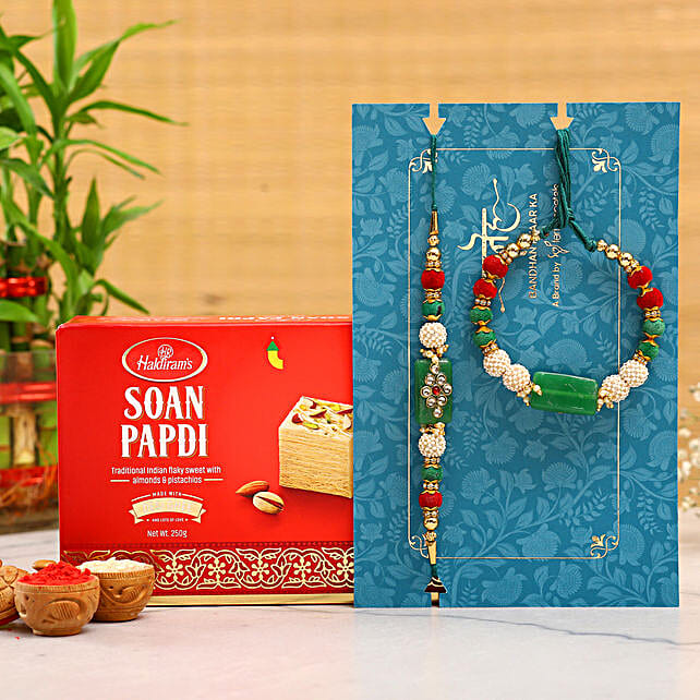 Green Pearl And Lumba Rakhi Set With Soan Papdi canada | Gift Green ...
