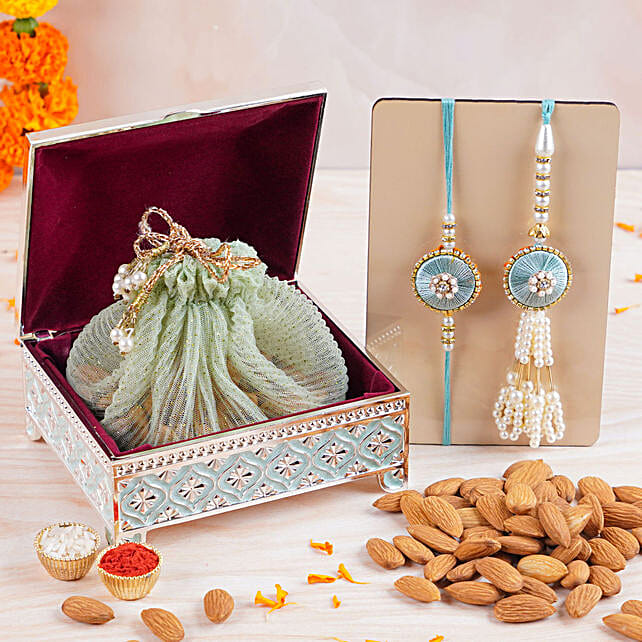 Sagar Mani Bhaiya Bhabhi Rakhi Set & Almonds Silver Box germany | Gift ...