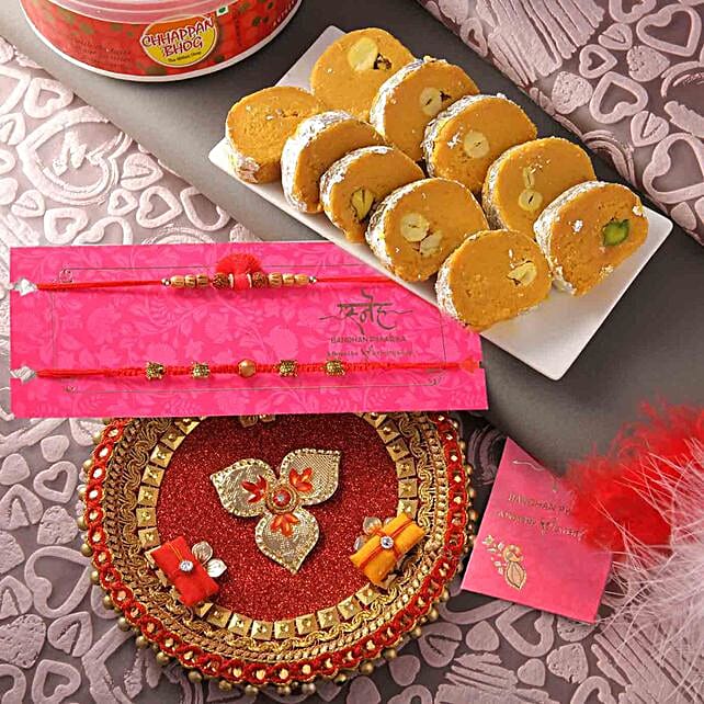 Set Of 2 Rudraksha Rakhis With Batisha And Thali indonesia | Gift Set ...