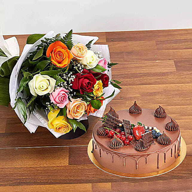 Dozen Multi Roses With Fudge Cake jordan | Gift Dozen Multi Roses With ...