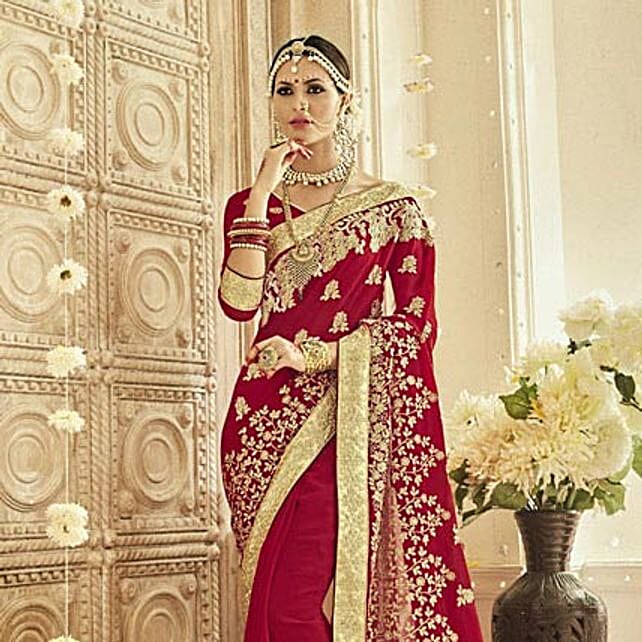Buy/Send Fancy Embroidered Red Saree Online- FNP