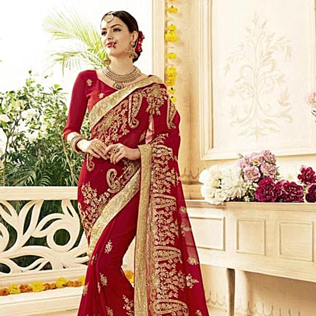 Buy/Send Red Saree with Heavy Floral Embroidery Online- FNP