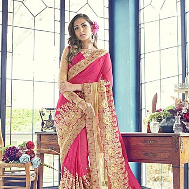 Buy/Send Appealing Pink Wedding Embroidered Saree Online- FNP