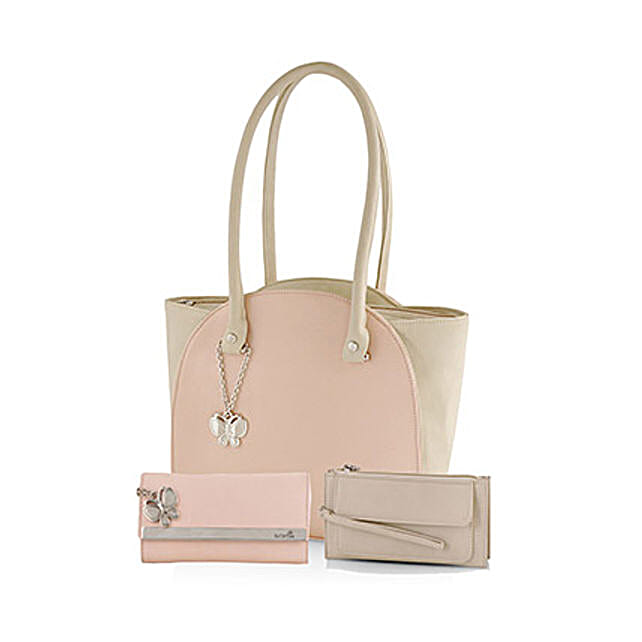 Buy/Send Butterflies Peach N Cream Handbag Combo Online- FNP