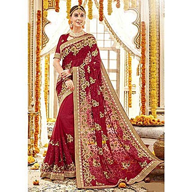 Buy/Send Red Faux Georgette Embroidery Bridal Saree Online- FNP
