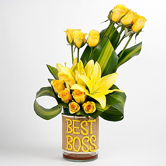 Buy/Send Yellow Roses & Lilies Best Boss Vase Online- FNP