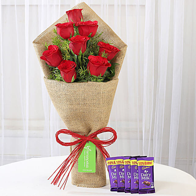 Buy/Send 8 Red Roses Bouquet & Dairy Milk Chocolates Online- FNP