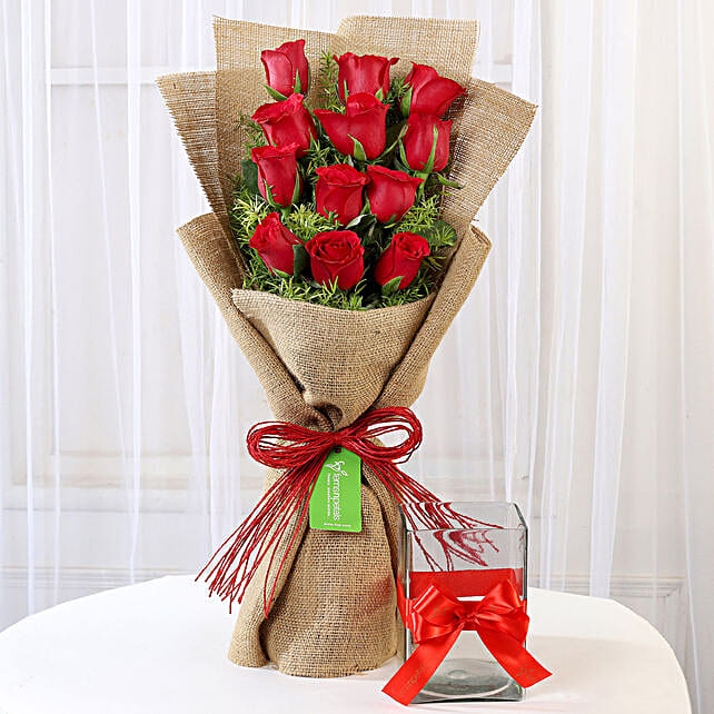 Buy/Send 12 Layered Red Roses with Glass Vase Online- FNP