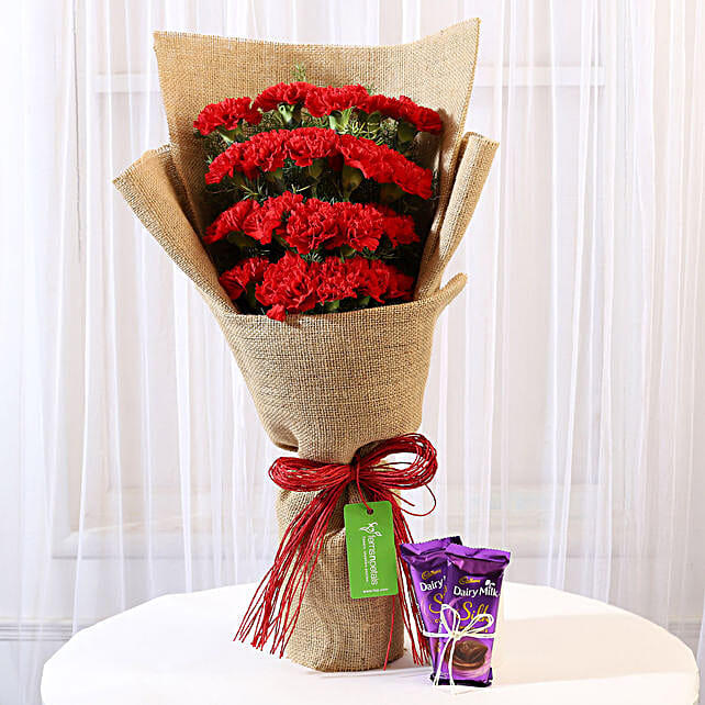 Buy/Send 20 Red Carnations & Dairy Milk Silk Combo Online- FNP
