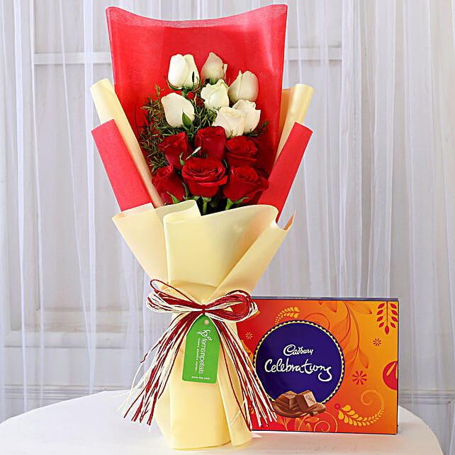 Buy/Send Cadbury Celebrations Box with Red & White Roses Online- FNP