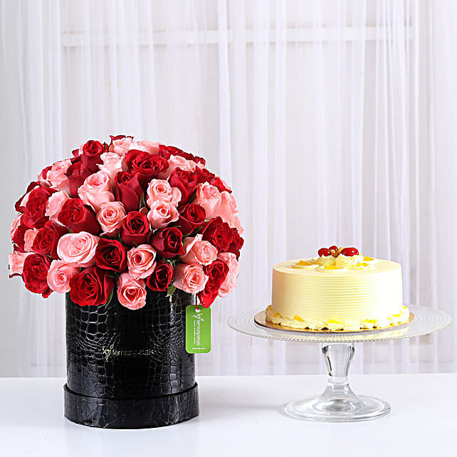 Buy/Send 80 Red & Pink Roses Box & Butterscotch Cake Online- FNP