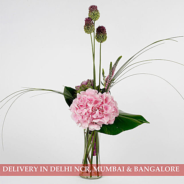 Buy/Send Allium Bullets Veronicas Hydrangea in Vase Arrangement Online- FNP