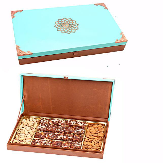 Buy/Send Green Wooden Hamper Box With Mithai & Dry Fruits Online- FNP