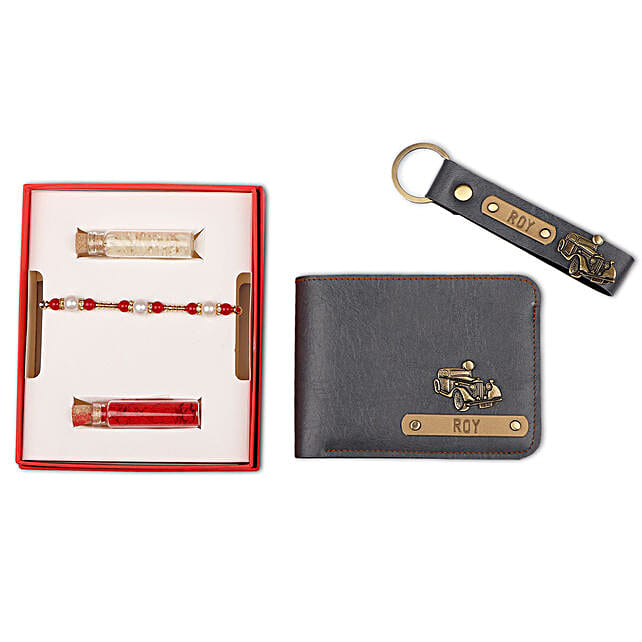 Buy/Send Personalised Grey Wallet & Keychain With Rakhi Online- FNP