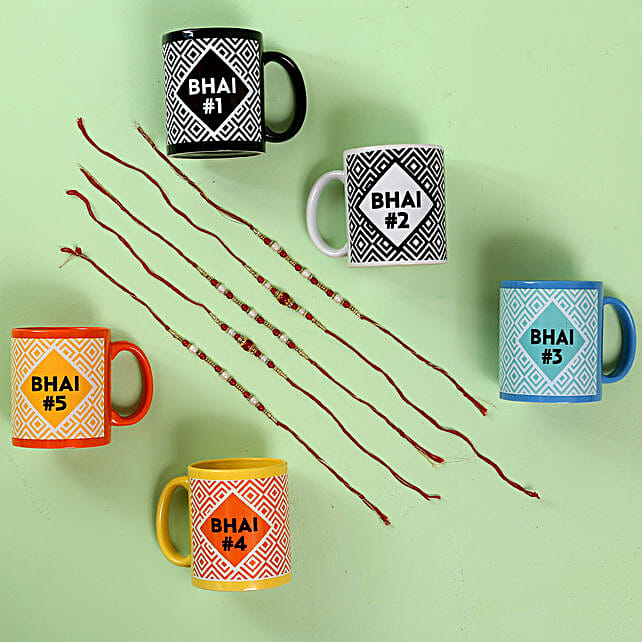 Buy/Send Set Of 5 Rakhis & 5 Bhai Mugs Online- FNP