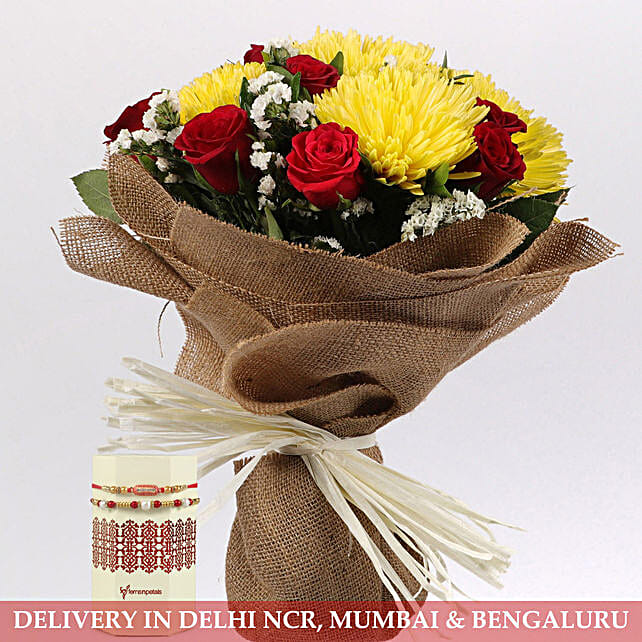 Buy/Send Red Roses & Yellow Disbud Bouquet With Rakhi Set Online- FNP