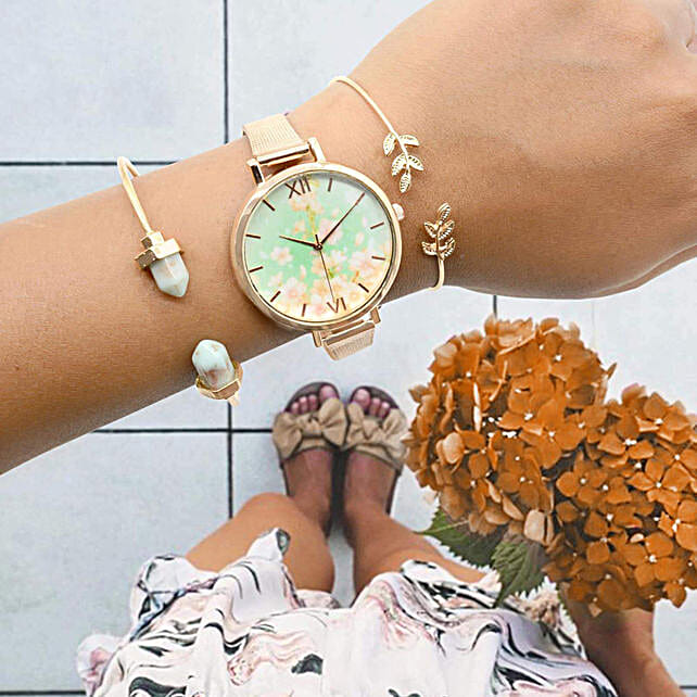 Buy/Send Green Dial Watch & Bracelet Stack Online- FNP