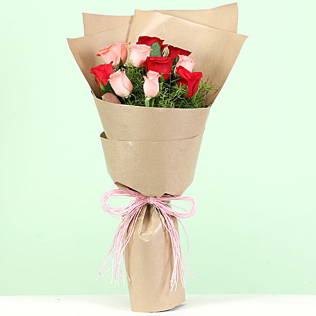 Buy/Send Pink Raffia Tied Red & Pink Roses Bouquet Online- FNP