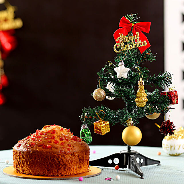 Buy/Send Artificial Xmas Tree & Mixed Fruit Dry Cake Online- FNP
