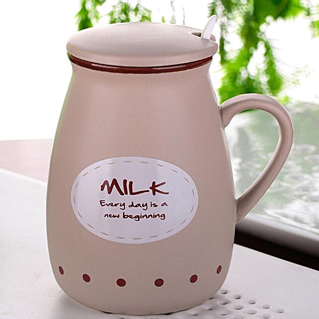 Buy/Send Milk Printed Mug With Lid & Spoon Online- FNP