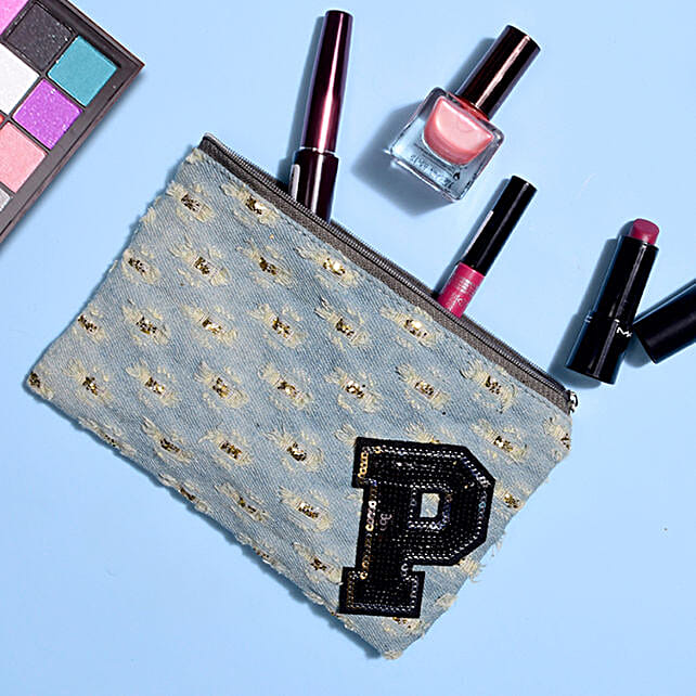 Buy/Send Denim Blue Initial P Pouch Online- FNP