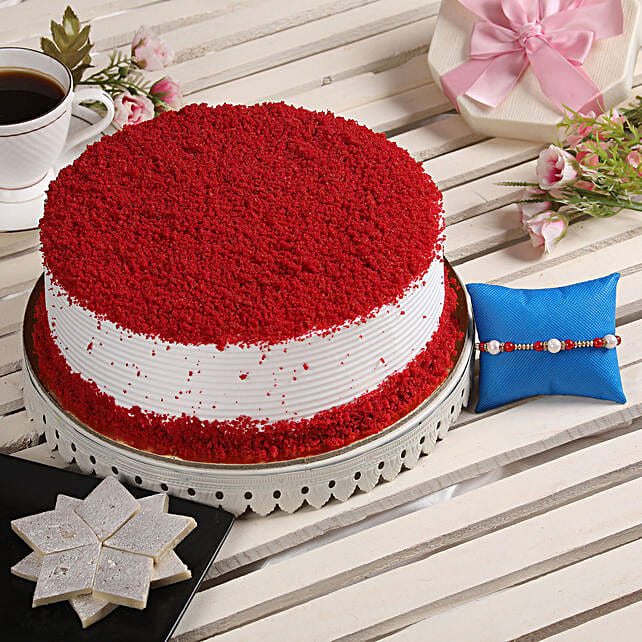 Buy/Send Red Velvet Cake With Rakhi & Kaju Katli Online- FNP