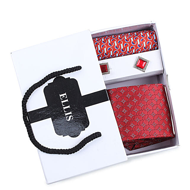 Buy/Send Designer Red Tie Lapel Pin & Pocket Square Set Online- FNP