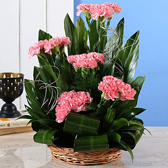 Buy/Send Pink Carnations Cane Basket Arrangement Online- FNP