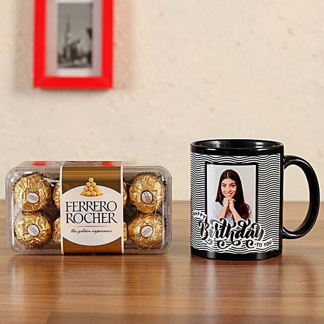 Buy/Send Personalised Black Bday Mug & Ferrero Rocher- 16 Pcs Online- FNP