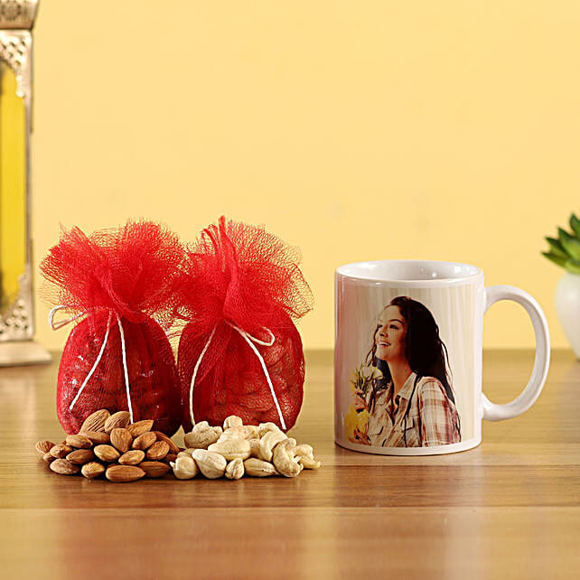 Buy/Send Personalised White Mug With Almonds Cashew Nuts Online- FNP