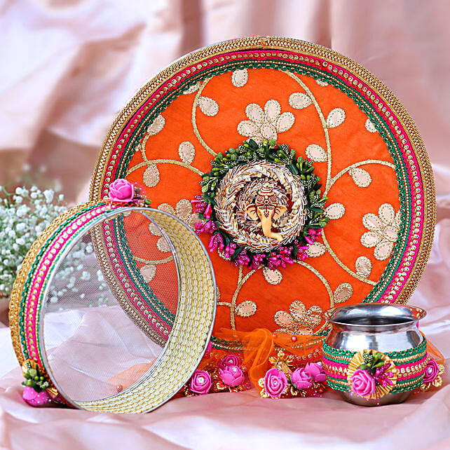 Buy/Send Floral Thread Embroidery Orange Thali Set Online- FNP