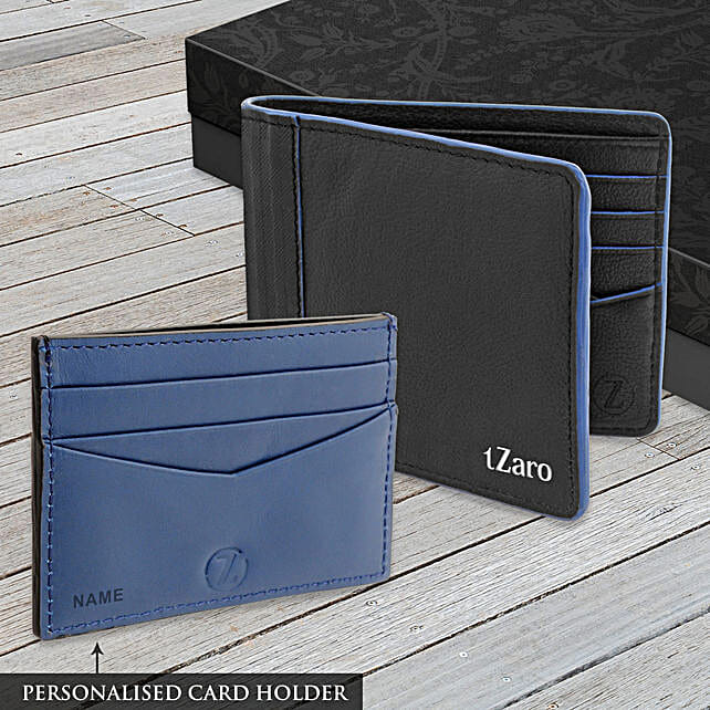 Buy/Send Personalised Black & Blue Leather Wallet Combo Online- FNP
