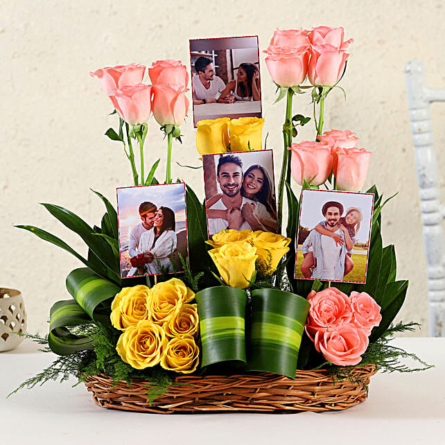 Buy/Send Pink & Yellow Roses Personalised Basket Online- FNP
