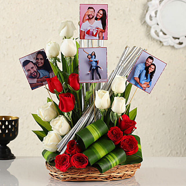 Buy/Send Red & White Roses Personalised Basket Online- FNP