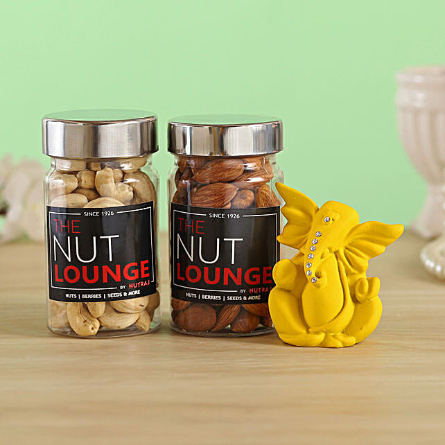 Buy/Send Matte Yellow Ganesha Idol & Nutraj Combo Online- FNP