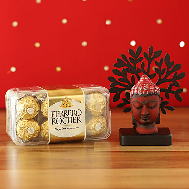 Buy/Send Red Buddha Face Idol & Ferrero Rocher Combo Online- FNP