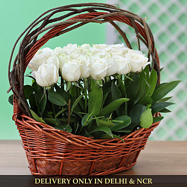 Buy/Send White Roses With Handle Basket Online- FNP