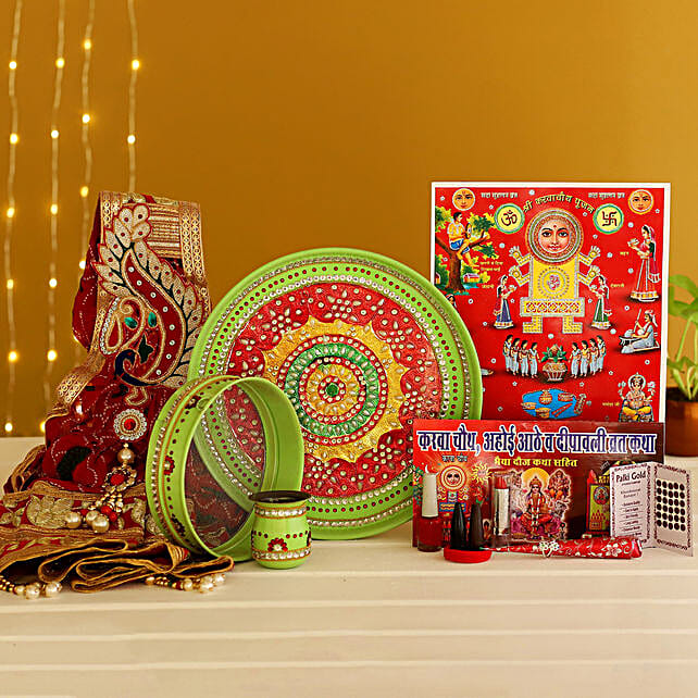 Buy/Send Green Stone Work Karwa Chauth Hamper & Chunni Online- FNP