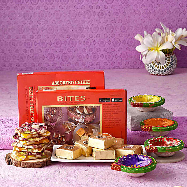 Buy/Send Chhappan Bhog Assorted Chikki & Bites With Diyas Online- FNP