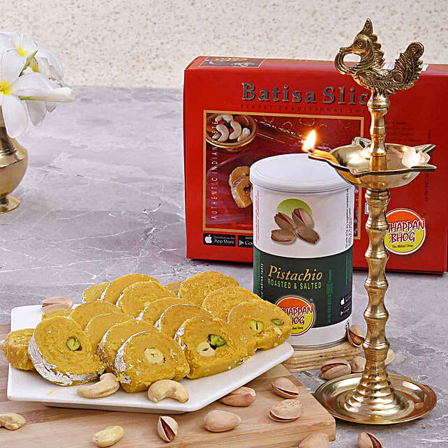 Buy/Send Chhappan Bhog Batisa Slice & Pistachios With Rudraksha Deep ...