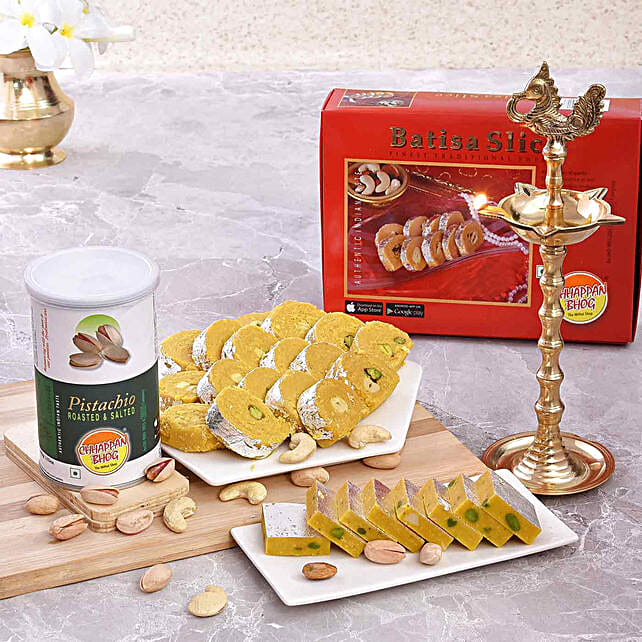 Buy/Send Chhappan Bhog Sweets & Pistachios With Rudraksha Deep Online- FNP