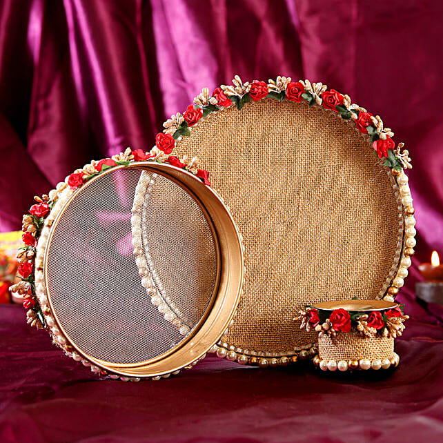 Buy/Send Karwa Chauth Thali Set Jute & Red Flowers Online- FNP