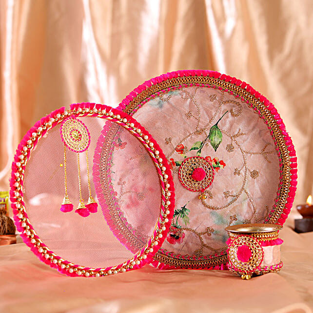 Buy/Send Pink Floral Karwa Chauth Thali Set Online- FNP